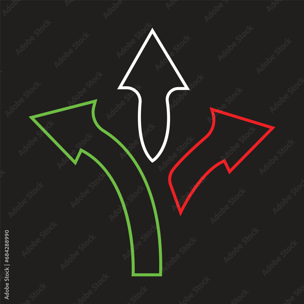 all direction arrow icon. glowing way direction sign. three arrow, way ...