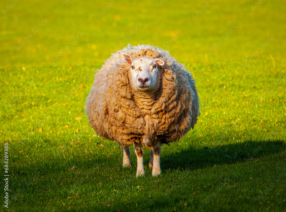 Large majestic sheep or lamb in meadow in Wales covered with tangled ...