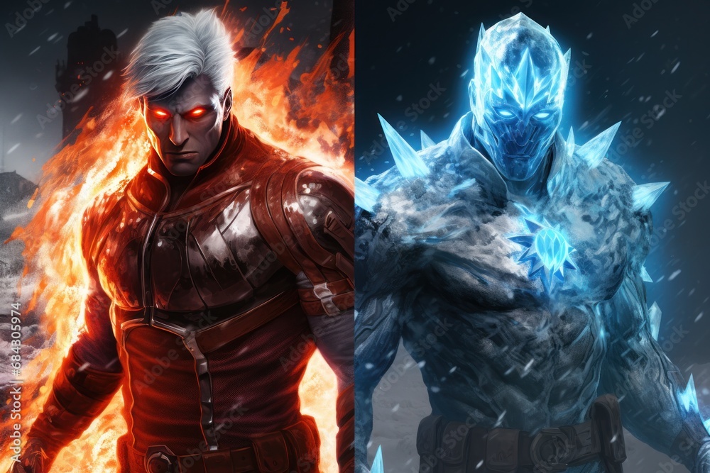 An ice-themed superhero and a fire-themed villain in combat Stock ...