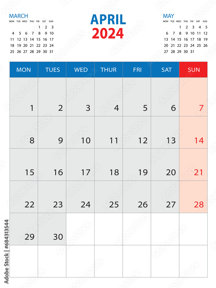 Calendar 2024 template - April 2024 year, week start on monday, Wall ...