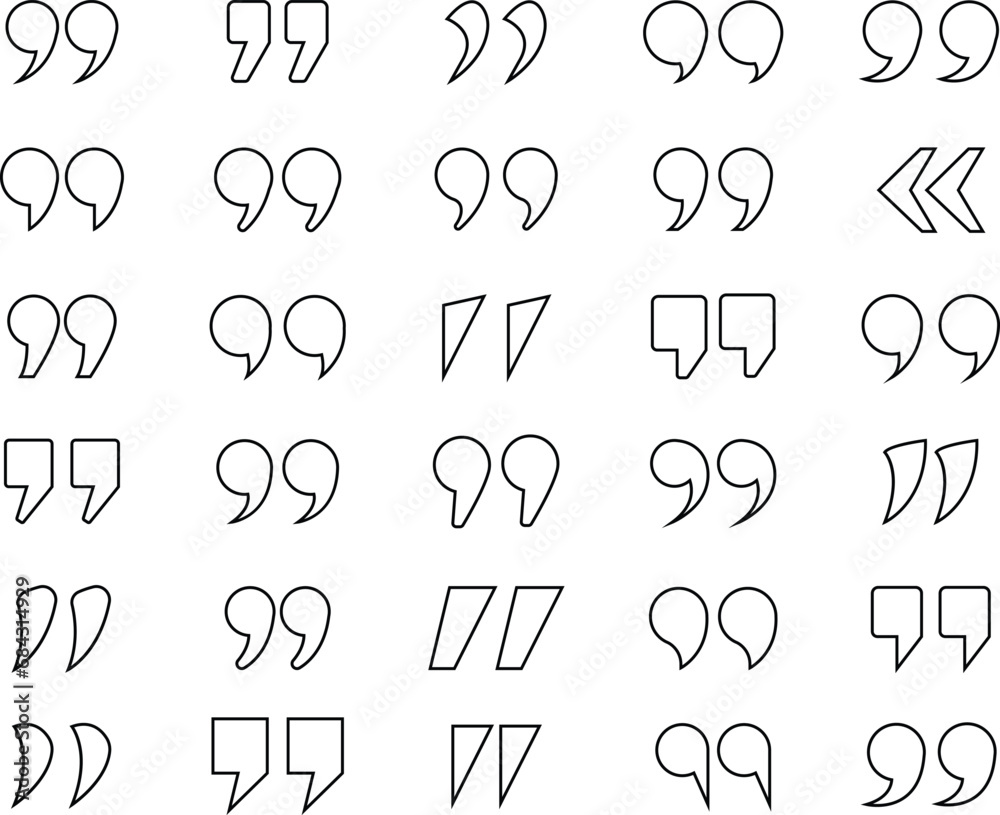 Set of quote mark, quotes black outline icon sign design isolated on ...