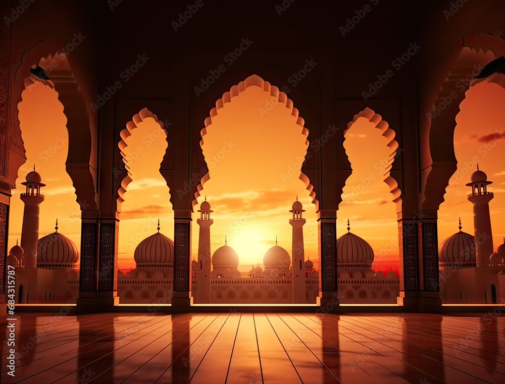 Ramadan wallpaper, mosque in the background at sunset seen through ...