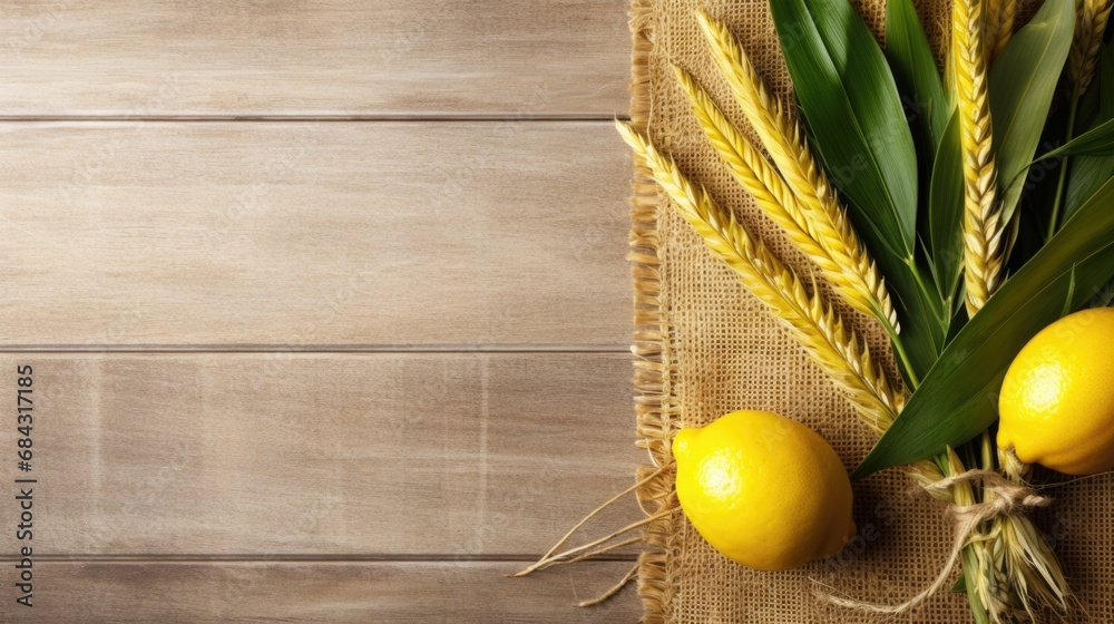 Composition of Sukkot symbols: palm, lemon, willow, myrtle, etrog ...