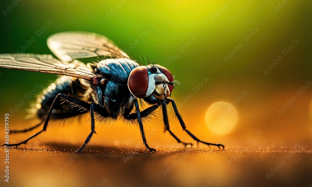 Close up view of a green fly with a blurry background. Green flies are ...