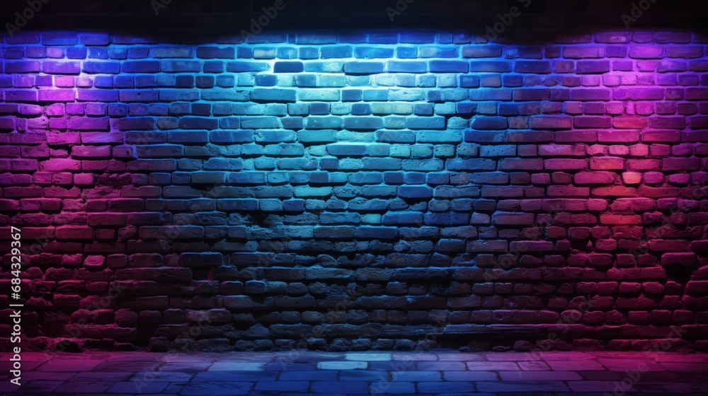 Illuminated brick wall with neon lights. glowing lights on empty brick ...