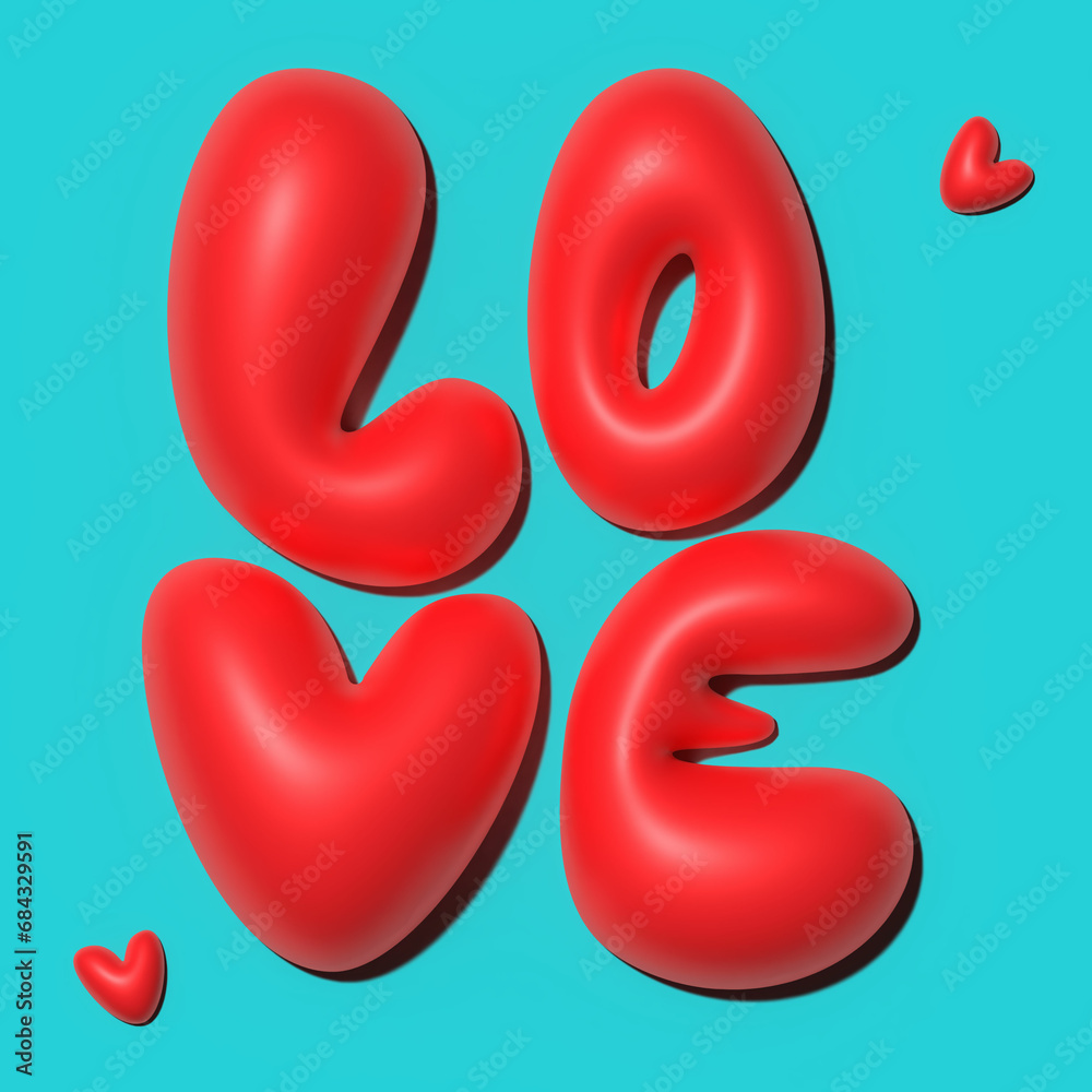 Love text red bubble letters on turquoise background with hearts ...