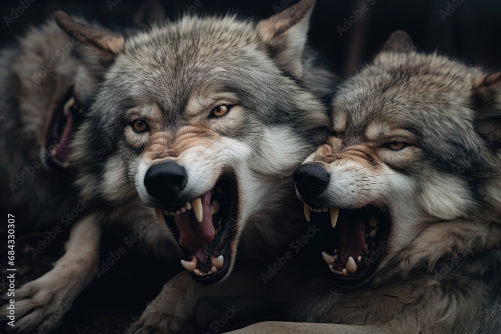 Two gray wolves with their mouths open, displaying their fierce and ...