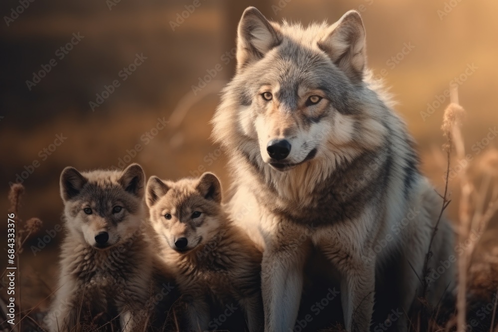 A group of wolves sitting together in a field. This image can be used ...