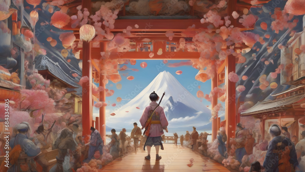 Japanese samurai on the background of Mount Fuji with Japanese people ...