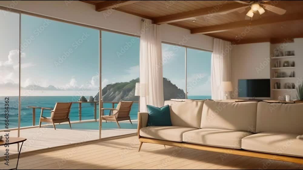 Animation of modern beachfront living room interior in bright natural ...
