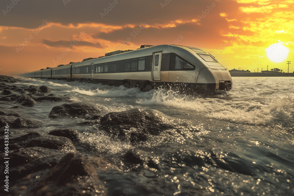 Train during a flood in heavy rain. Incident with a passenger train ...
