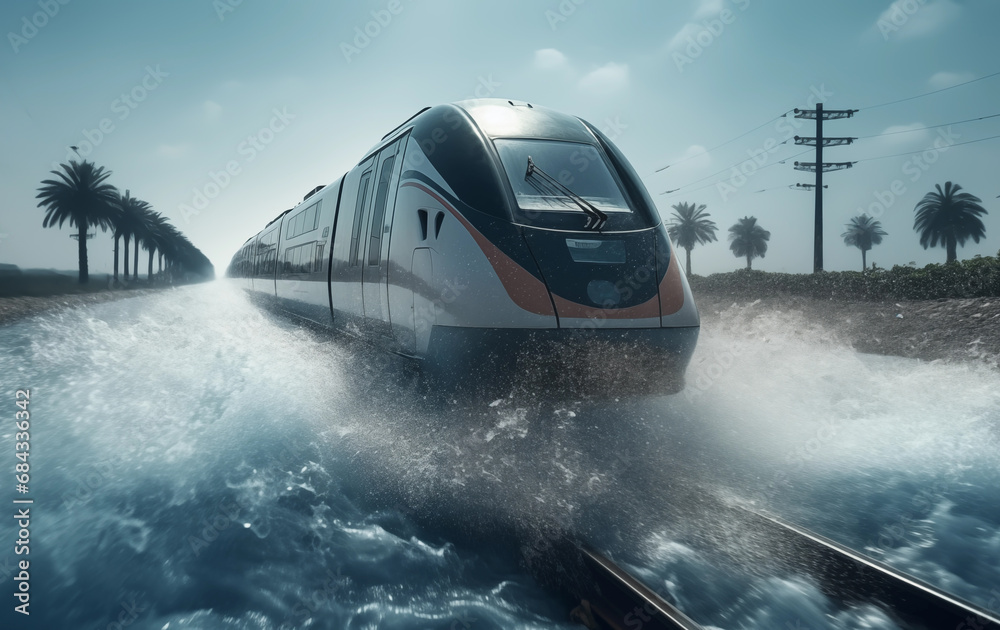 Train during a flood in heavy rain. Incident with a passenger train ...