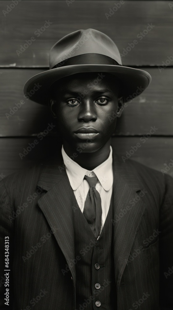 vertical portrait of a black man in a business suit and hat, vintage ...