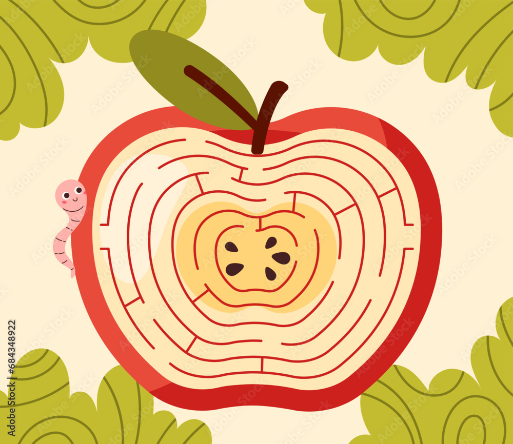 Cute maze for kids concept. Top view at apple slice with labyrinth and ...