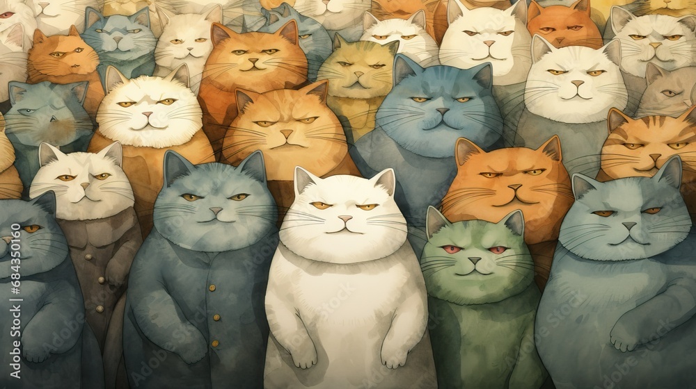 whimsical march of 100 fat cats in sage green, looking smug Stock ...