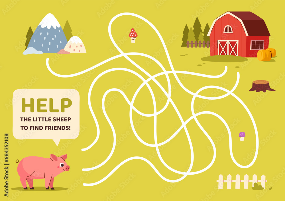 Maze game template. Pig and barn line path. Farm labirynth. Educational ...