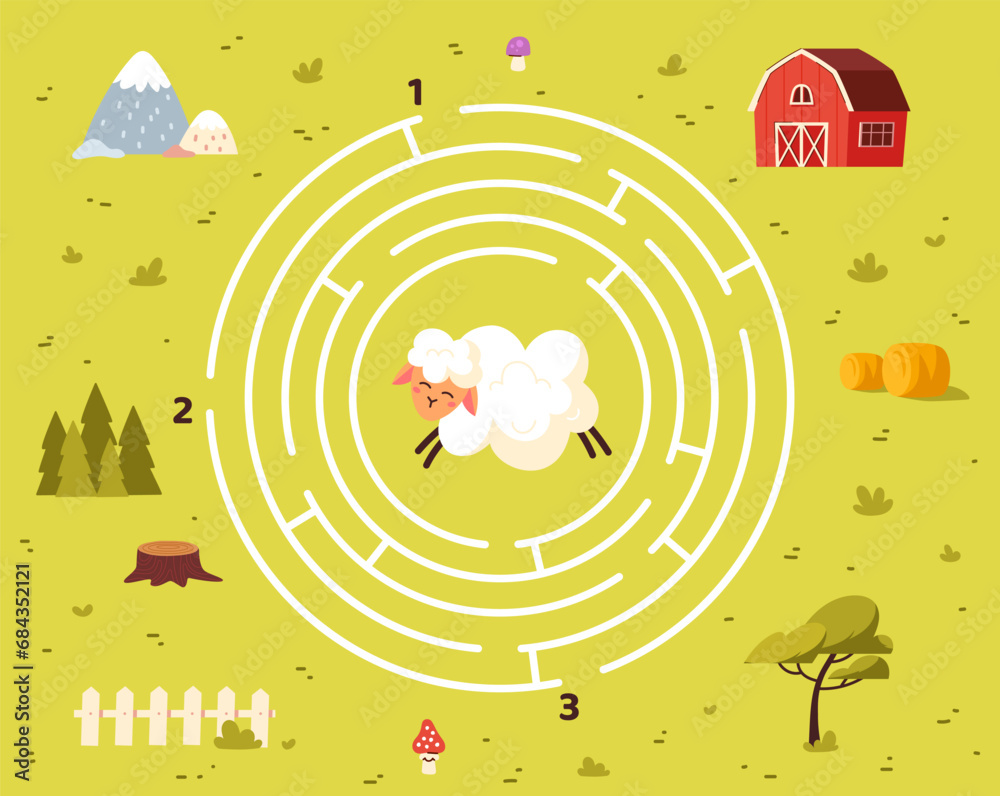 Maze game template. Sheep and barn line path. Cattle labirynth ...