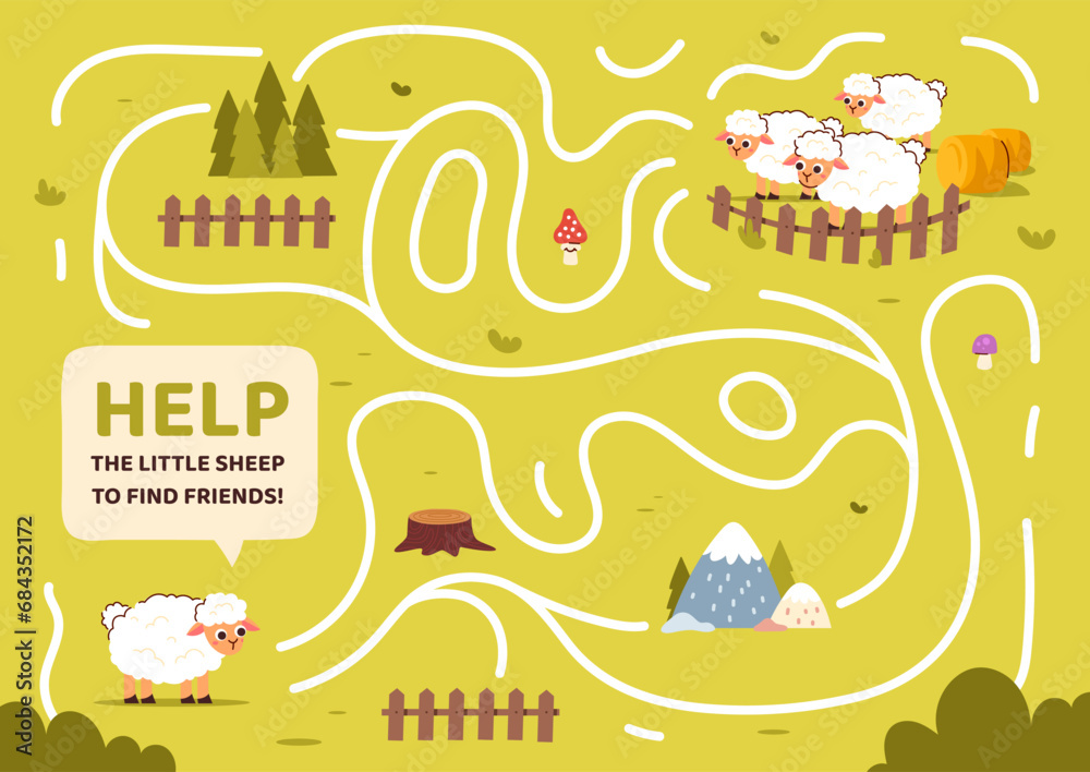 Maze game template. Sheep and fence line path. Cattle labirynth ...