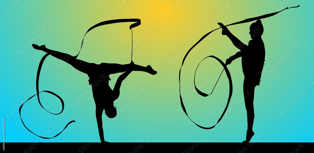 silueta, deporte, ilustración, vector, baile, mujer, acrobacia, liston ...