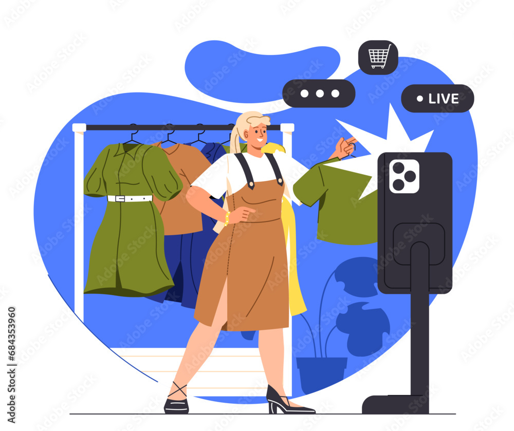 Selling clothes online concept. Young girl in store or shop. Person at ...