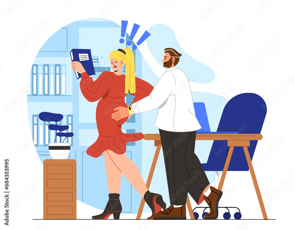 Sexual harassment at workplace concept. Man touch woman at red dress ...