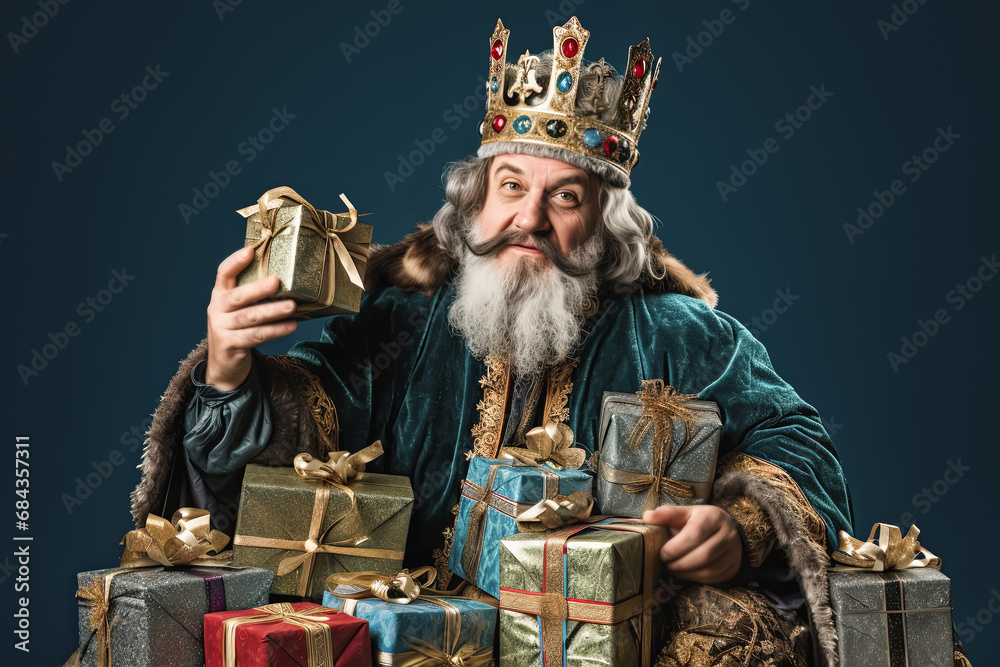 rey mago de oriente Melchor rodeado de paquetes regalo y sosteniendo ...