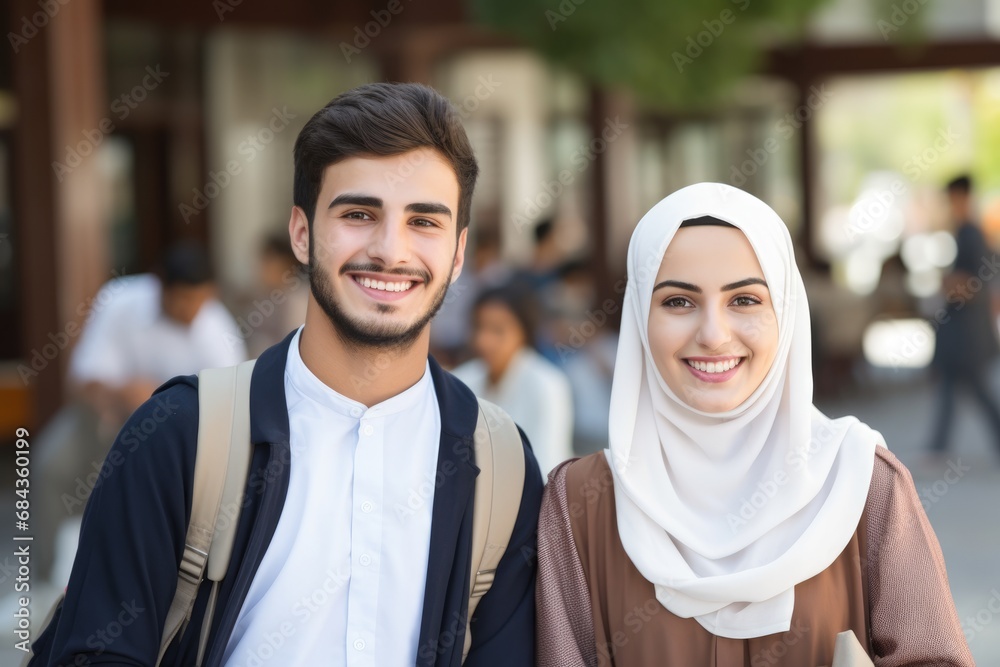 Smiling middle eastern students looking at the camera male and female ...