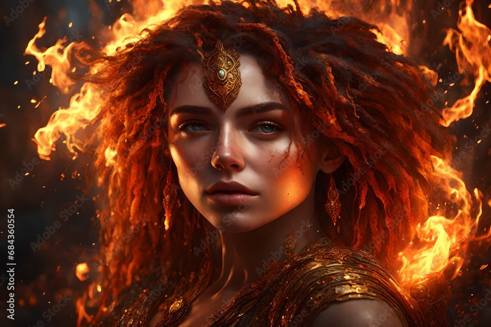 "legendary fire goddess", huge flaming hair, smoke, embers, sparks ...
