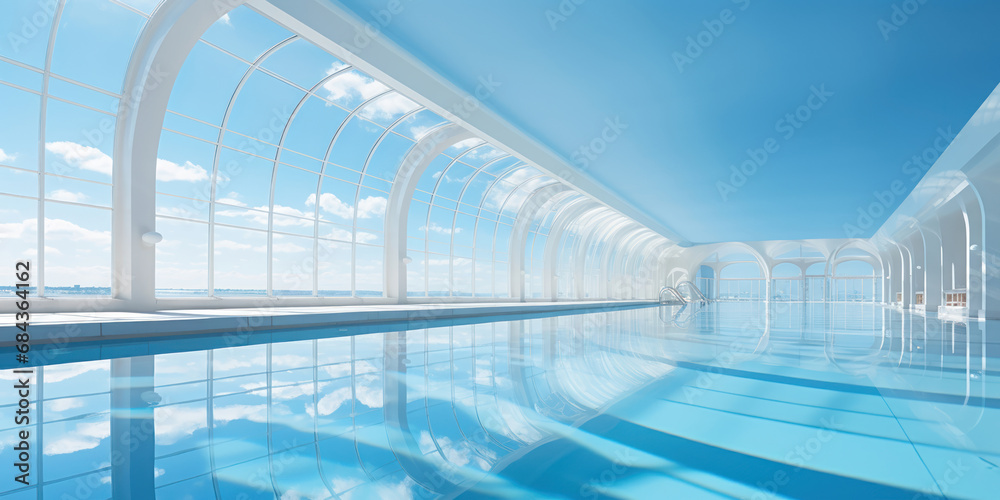 An expansive indoor pool illuminated by the clear blue sky through ...