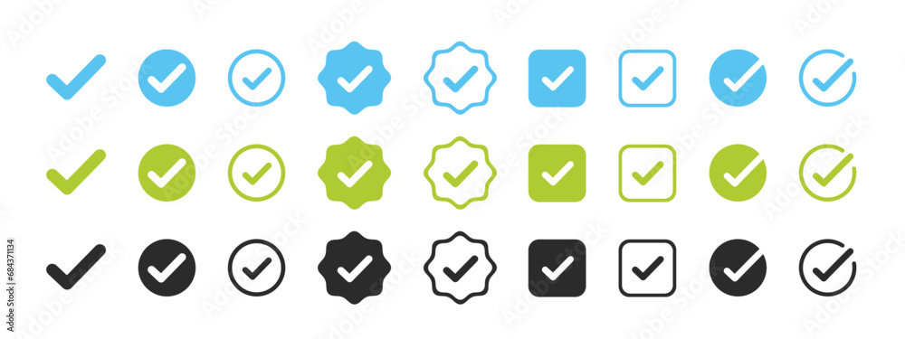 Check mark and cross icon set, circle and square. Tick symbol in green ...