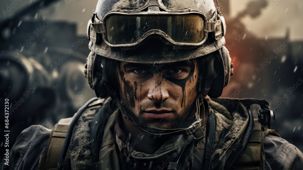 Dramatic depiction of soldier in a warzone, with fire and debris ...