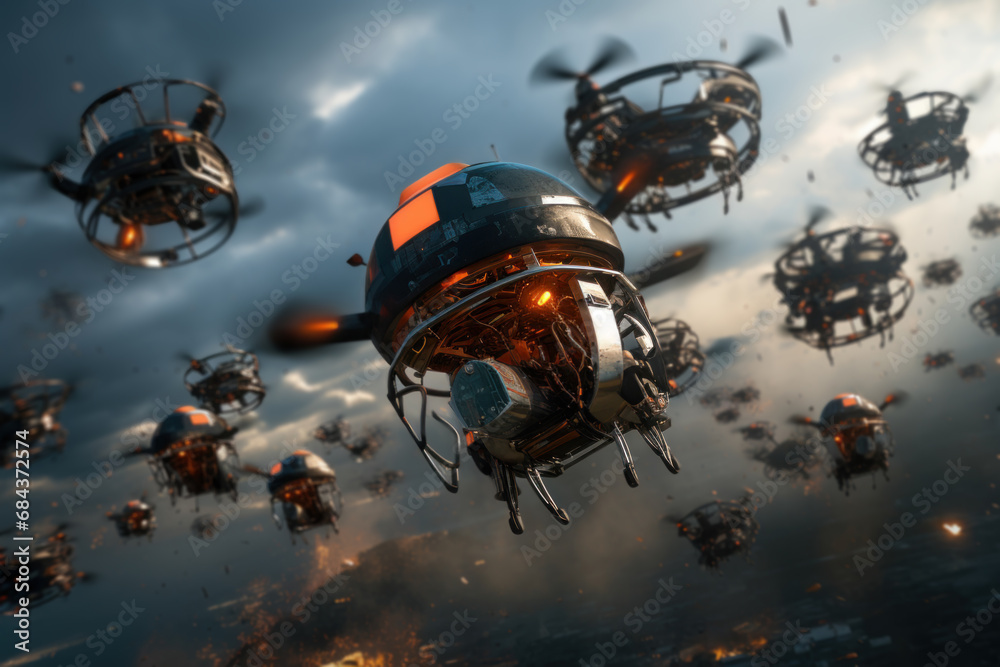 A swarm of autonomous drones coordinating in mid-air, highlighting the synchronized intelligence ...