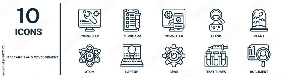 research and development linear icon set. includes thin line clipboard, computer, plant, laptop ...