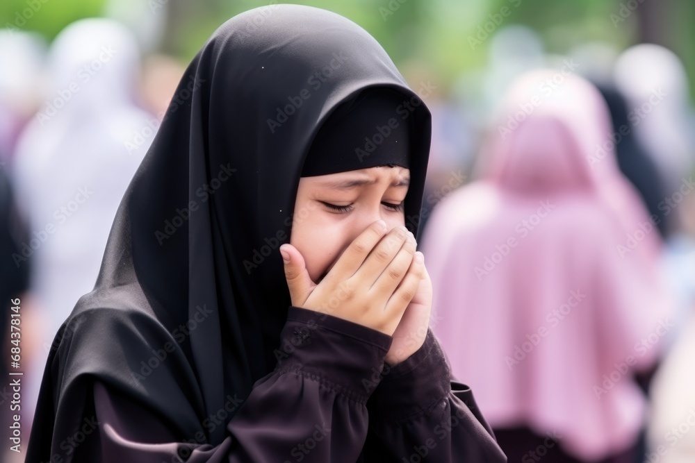 Little muslim girl wearing a chador crying at a funeral Stock Photo ...