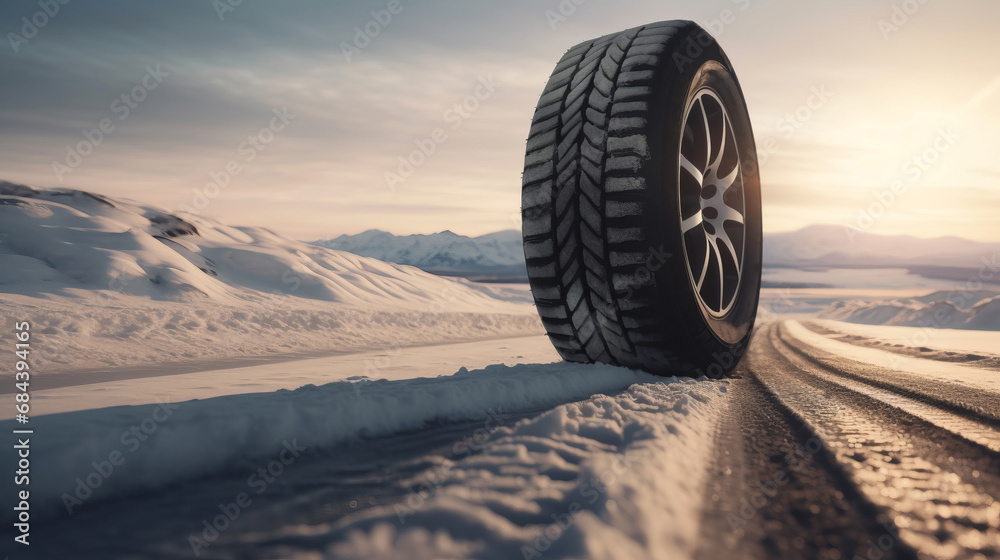 Winter tire on snow and ice road advertisement for safety and ...