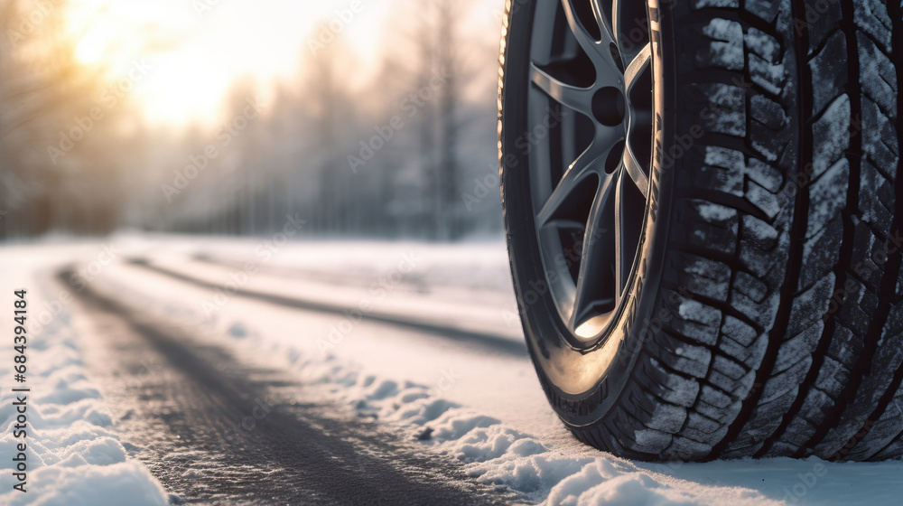 Winter tire on snow and ice road advertisement for safety and ...