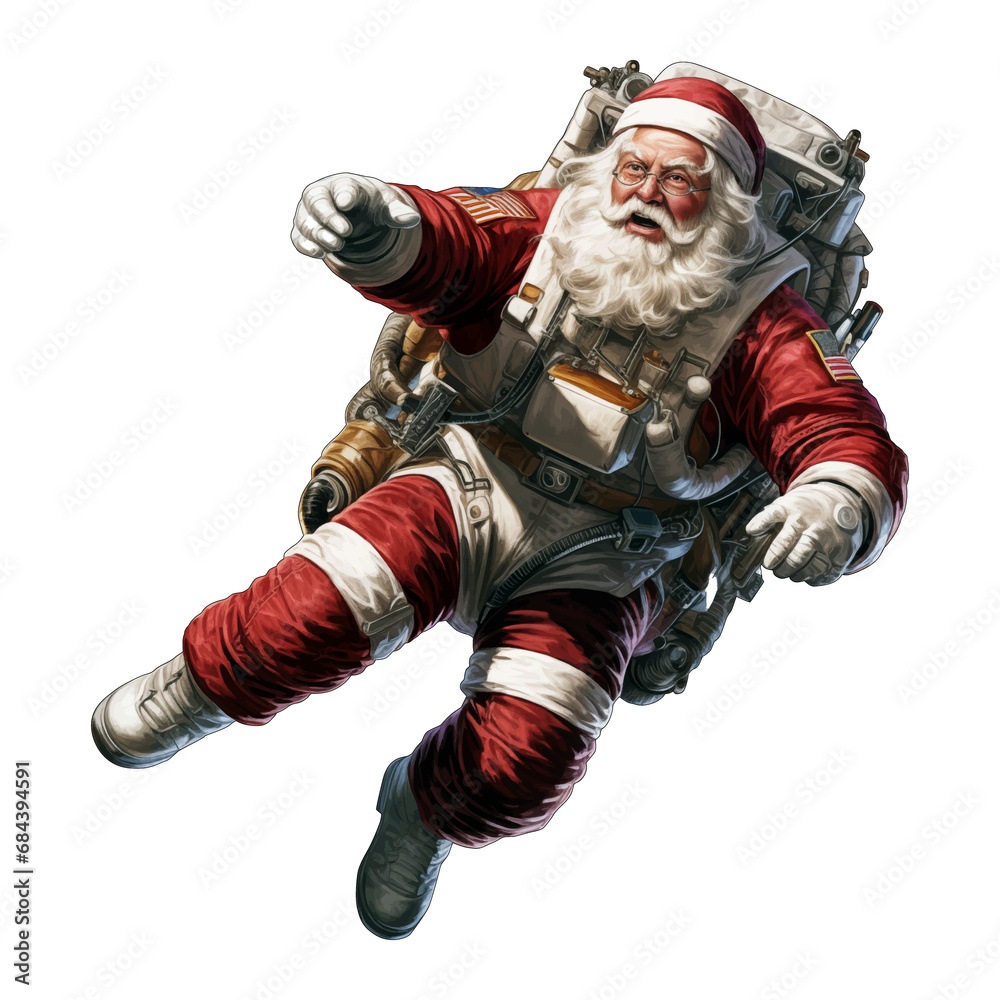 Flying spaceman Santa Claus. Santa Claus in a space suit in outer space ...
