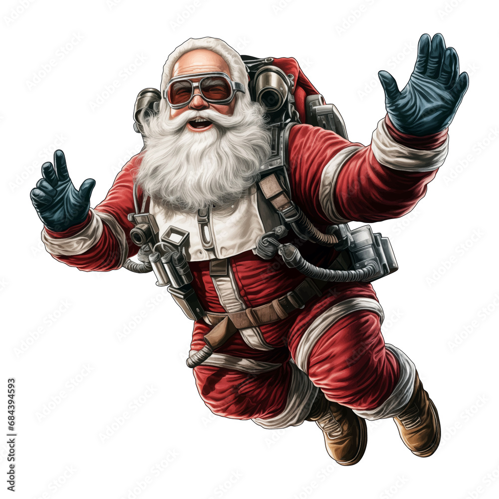 Flying spaceman Santa Claus. Santa Claus in a space suit in outer space ...
