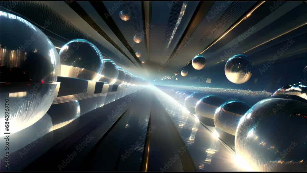 a tunnel where illuminated spheres create arches of light and ...