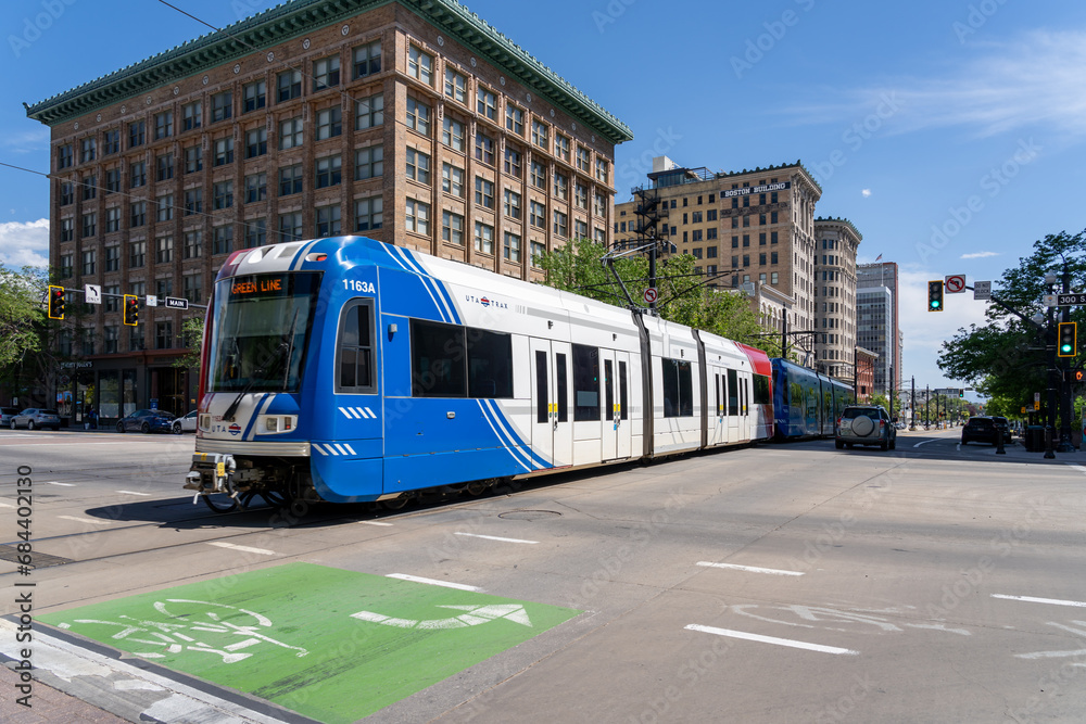 A UTA TRAX light rail train in downtown Salt Lake City, Utah, USA ...
