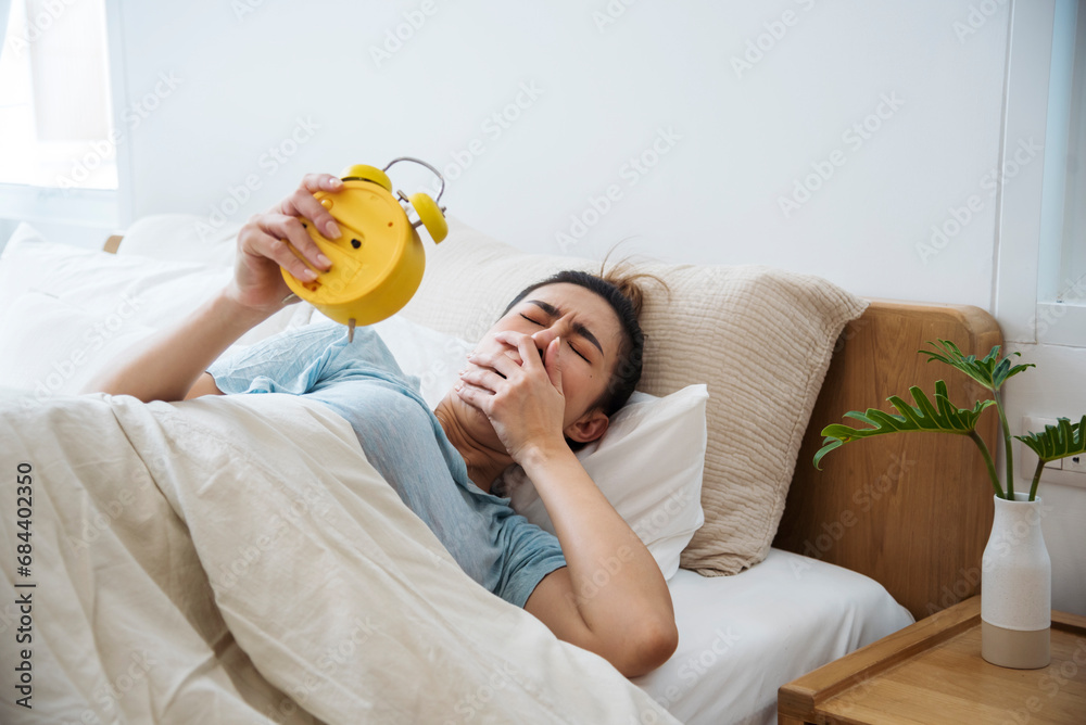 Asian women sleep wake up in white cozy bedroom happy time morning ...