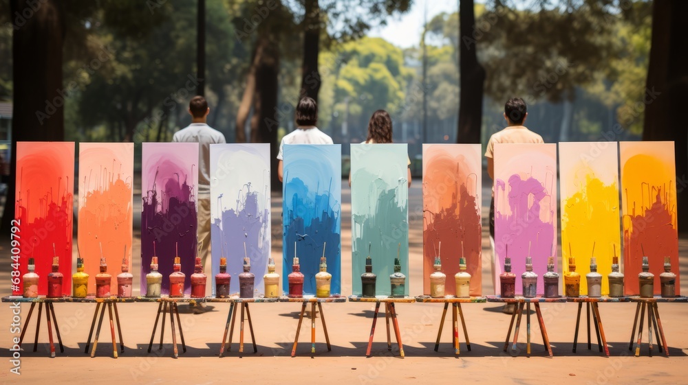 artist people painting in the park outdoors making their art pieces ...