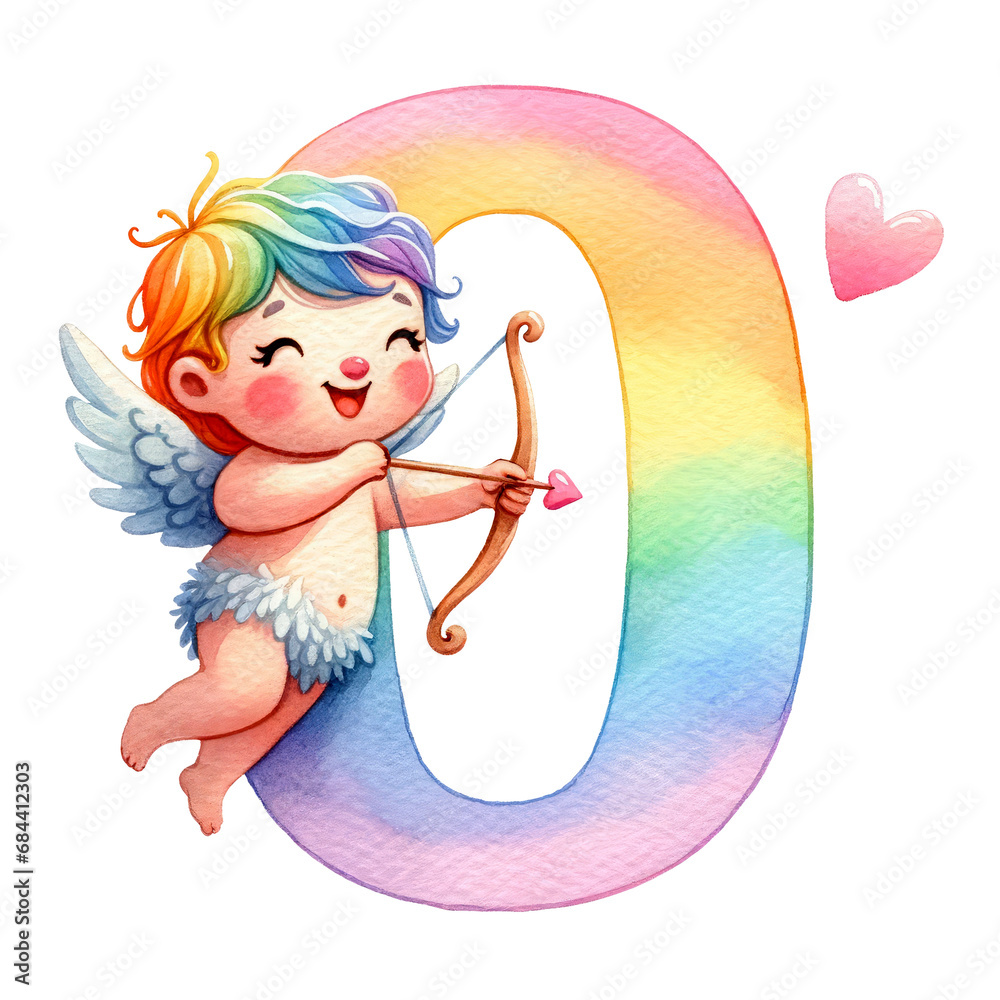 Number 0 Cupid Rainbow Watercolor Nursery Hand drawn Style Clipart-PNG ...