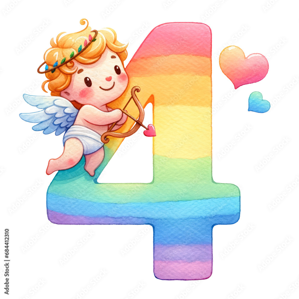 Number 4 Cupid Rainbow Watercolor Nursery Hand drawn Style Clipart-PNG ...