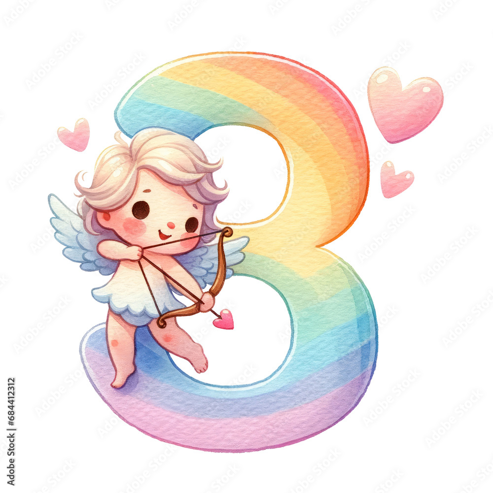 Number 3 Cupid Rainbow Watercolor Nursery Hand drawn Style Clipart-PNG ...