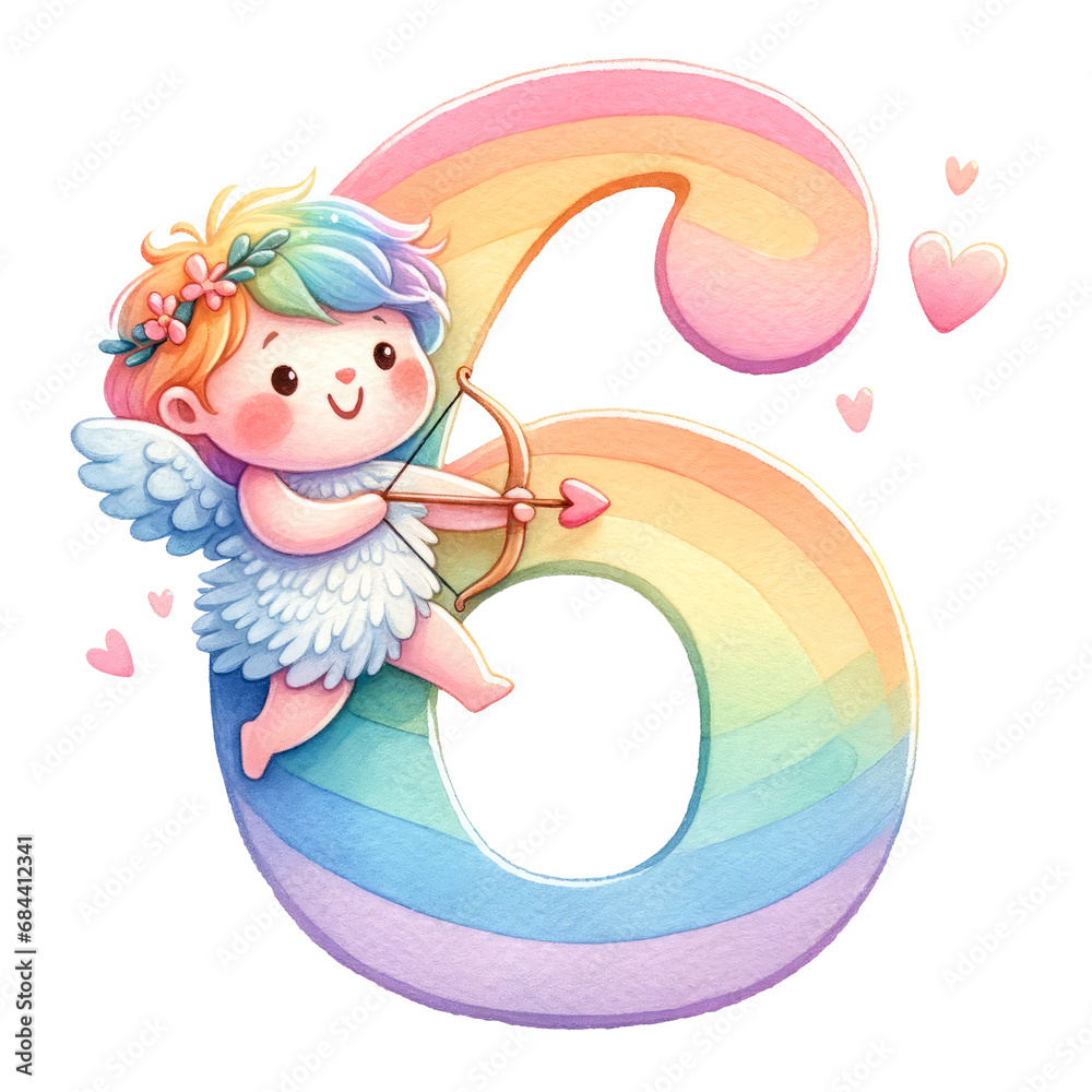 Number 6 Cupid Rainbow Watercolor Nursery Hand drawn Style Clipart-PNG ...