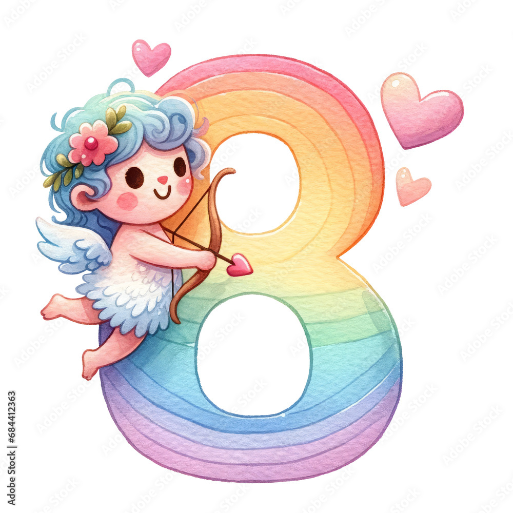Number 8 Cupid Rainbow Watercolor Nursery Hand drawn Style Clipart-PNG ...