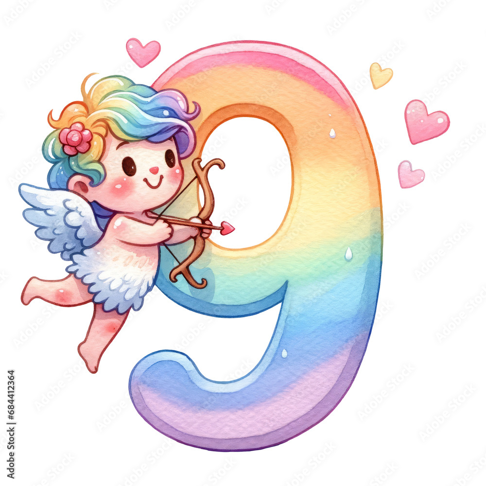 Number 9 Cupid Rainbow Watercolor Nursery Hand drawn Style Clipart-PNG ...