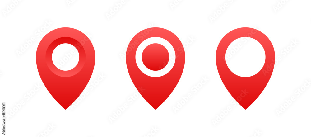 location map pointer icon, place pin marker sign - isometric red gps map pointers in red frame ...