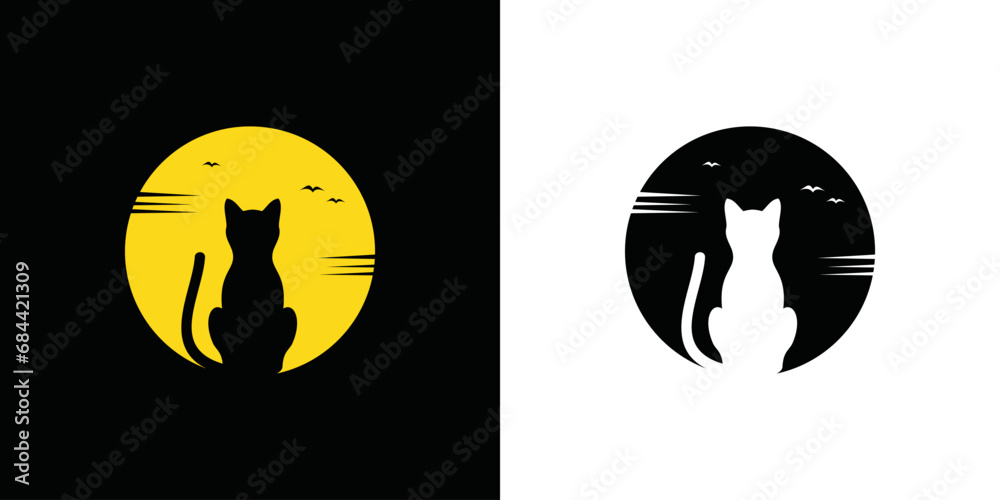 "Moon Cat" logo Concept Design Template. Negative Combination Of Cat ...